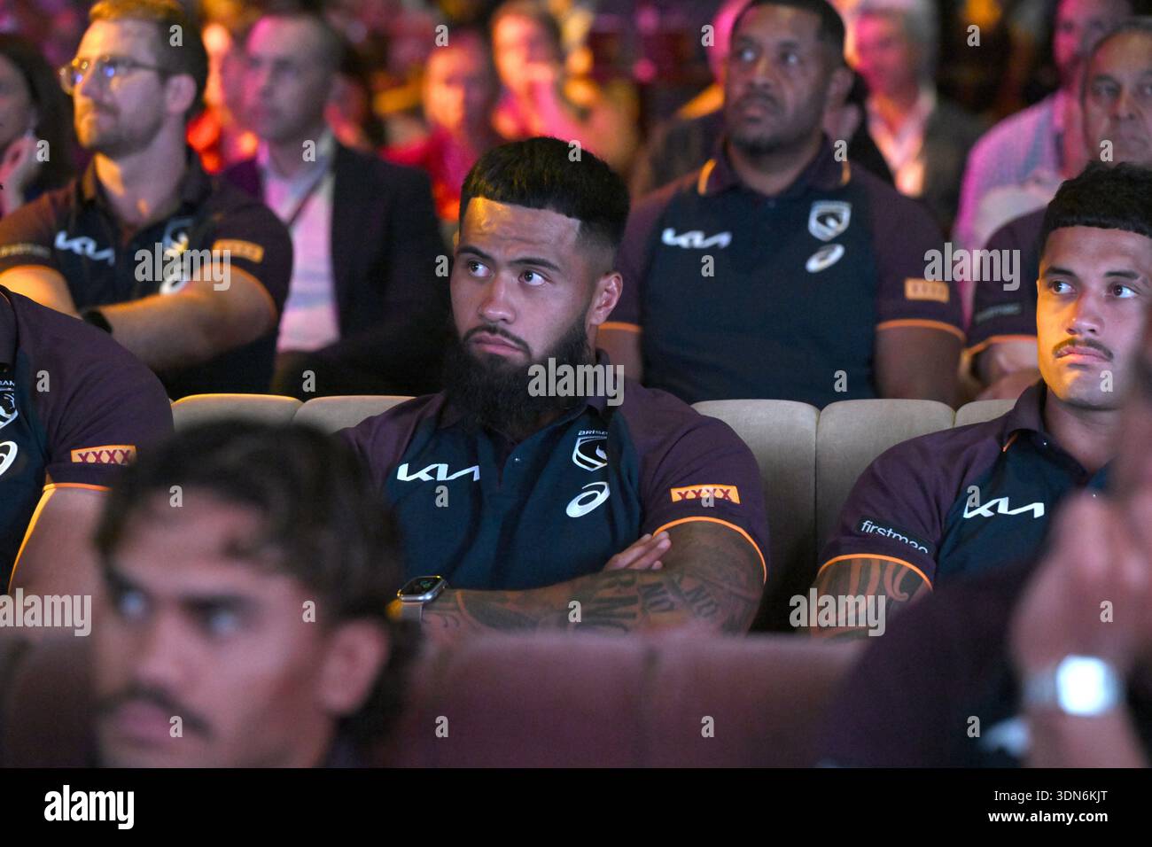 Payne Haas (centre) is seen at the NRL Broncos 2026 Season Premiere at ...