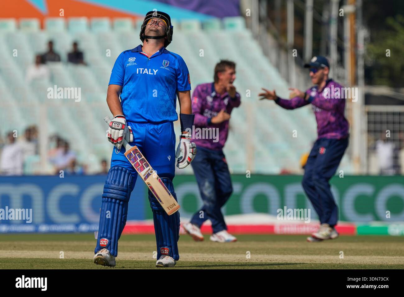 Italy's Benjamin Manenti leaves the ground after losing his wicket ...