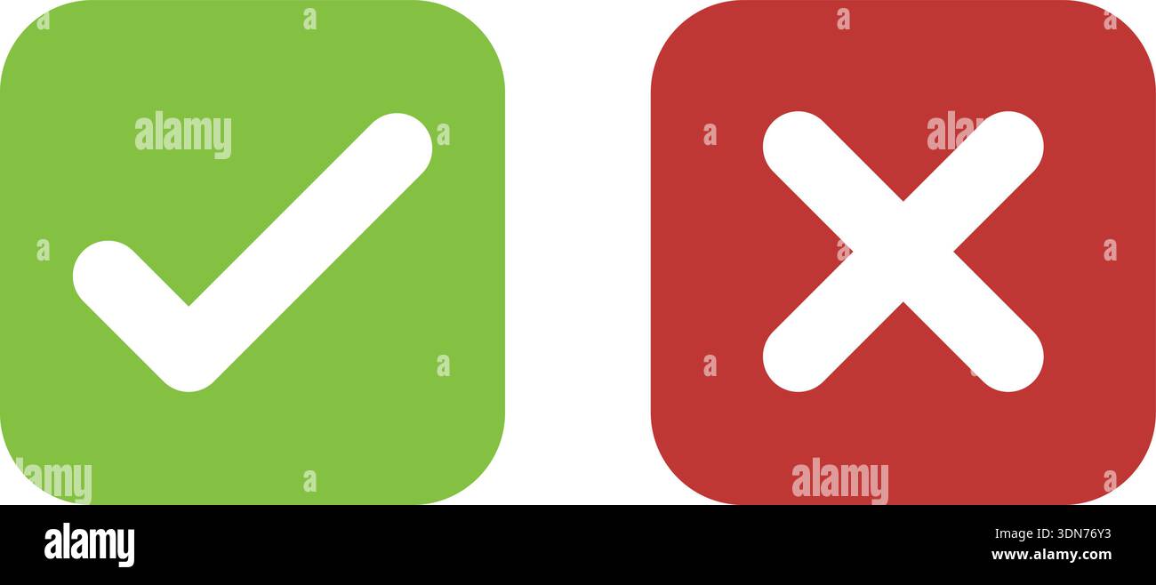 Minimalist green check mark and red cross icons on rounded square ...