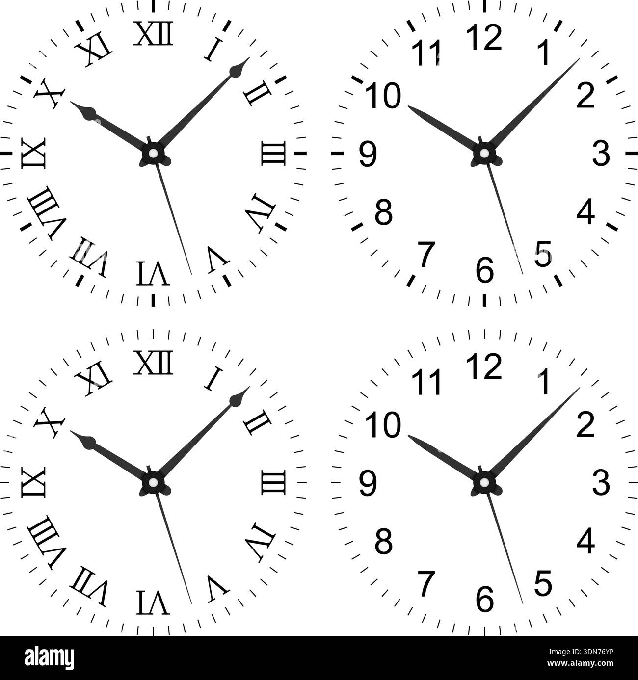 Set of four analog clock faces featuring Roman and Arabic numerals ...