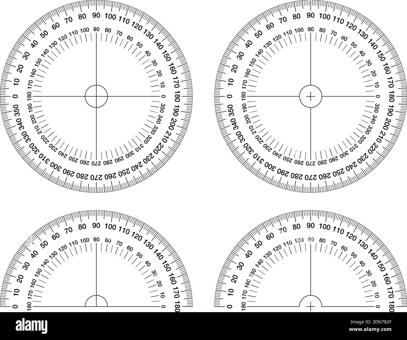 High-detail protractor collection featuring full-circle and half-circle ...