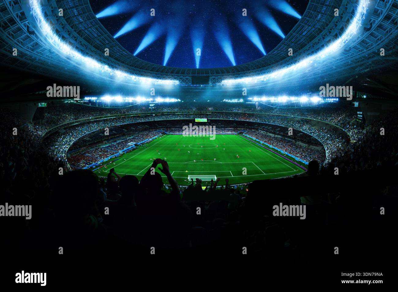 modern football stadium with stars at night. Blue floodlights ...