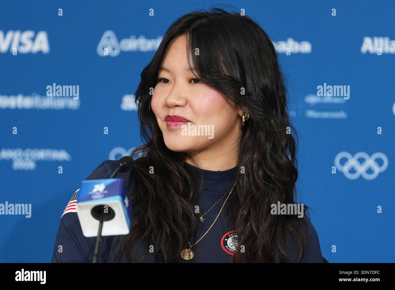 United States' Bea Kim looks on during a press conference at the 2026 ...