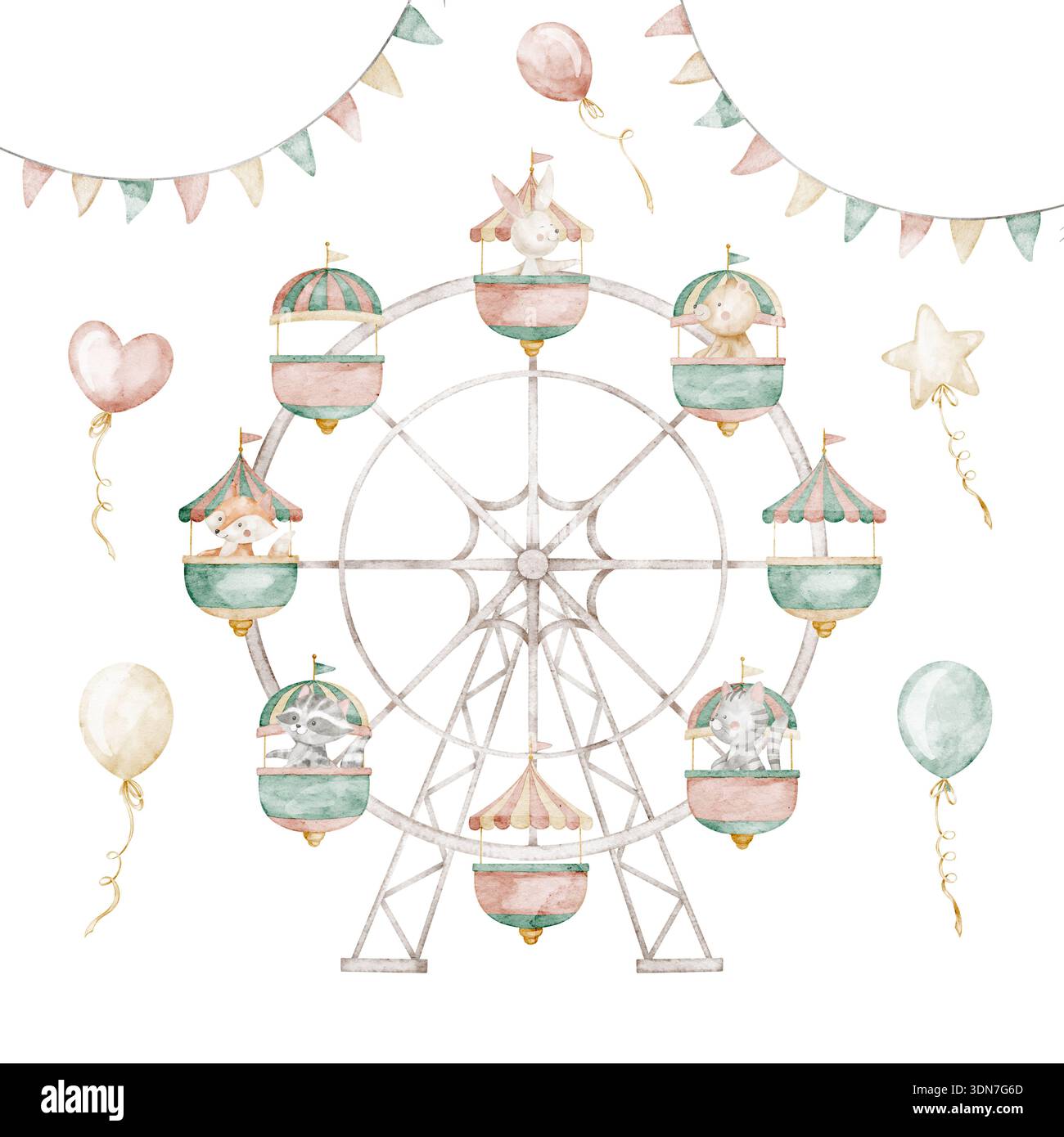 Watercolor illustration of cute animals riding a Ferris wheel with ...