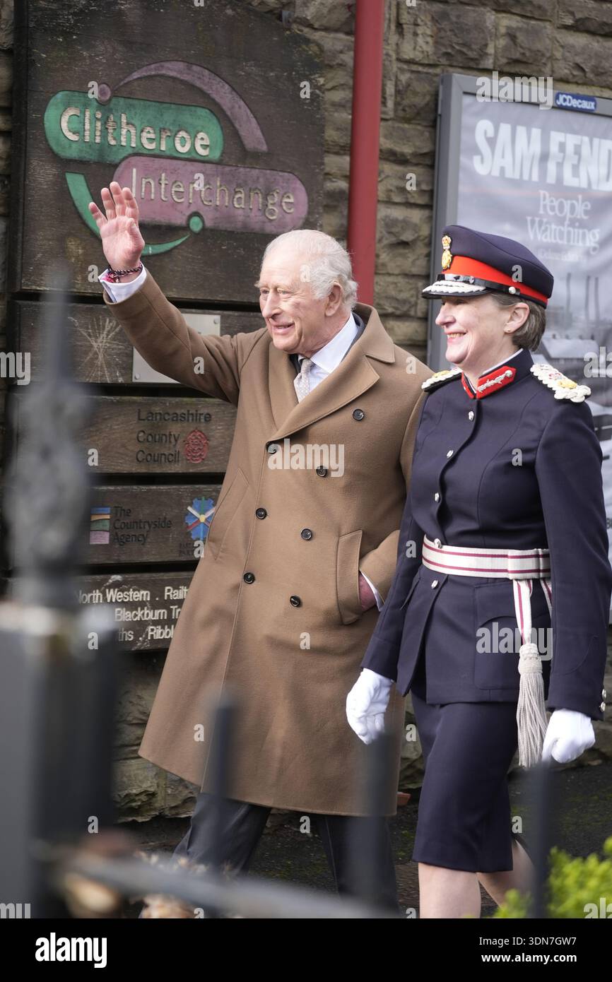 King Charles III arrives at Clitheroe Station in Lancashire. Picture ...