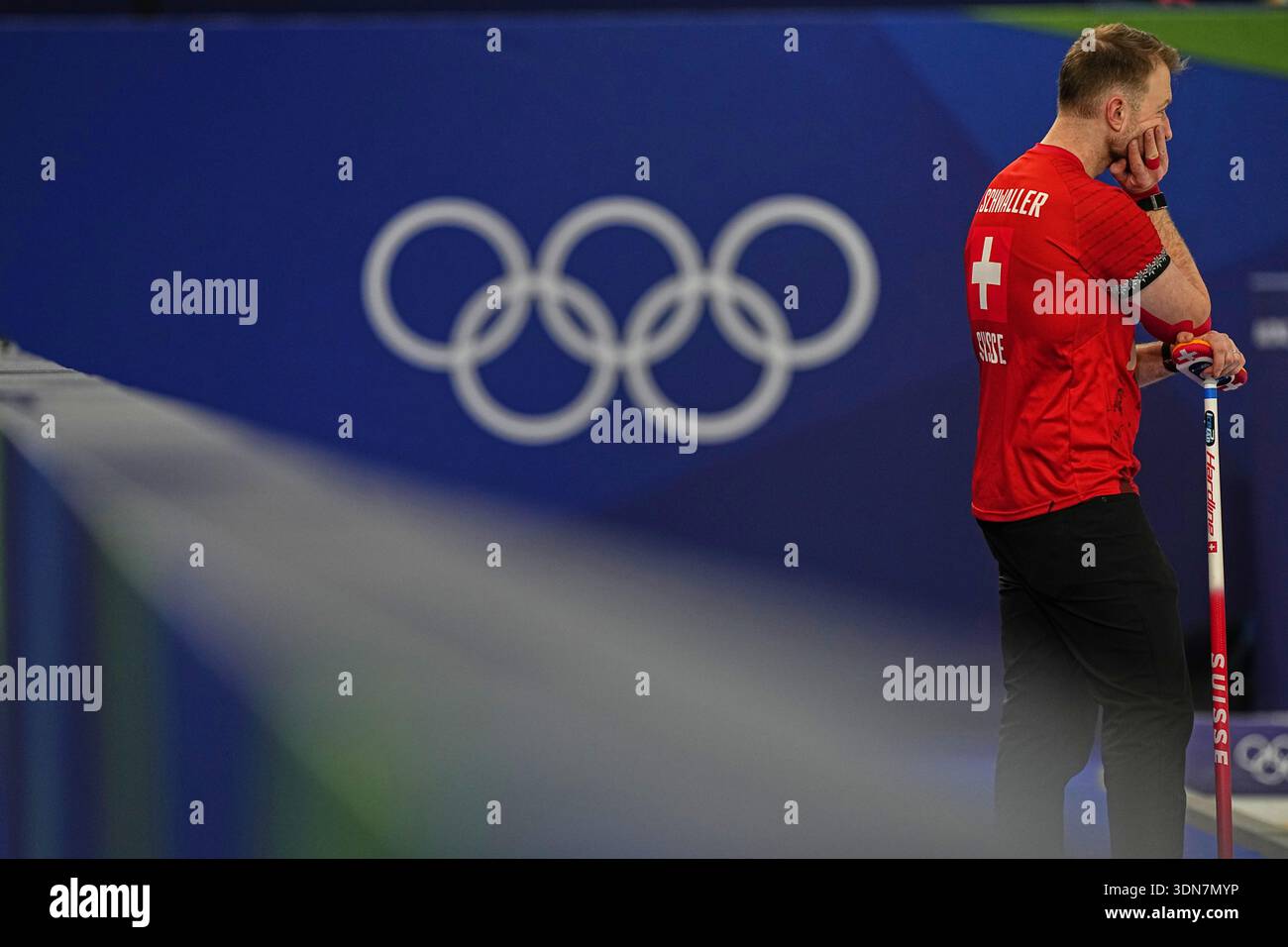 Switzerland's Yannick Schwaller competes during the mixed doubles round ...