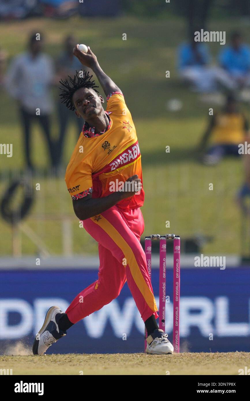 Zimbabwe's Richard Ngarava bowls a delivery during the T20 World Cup ...