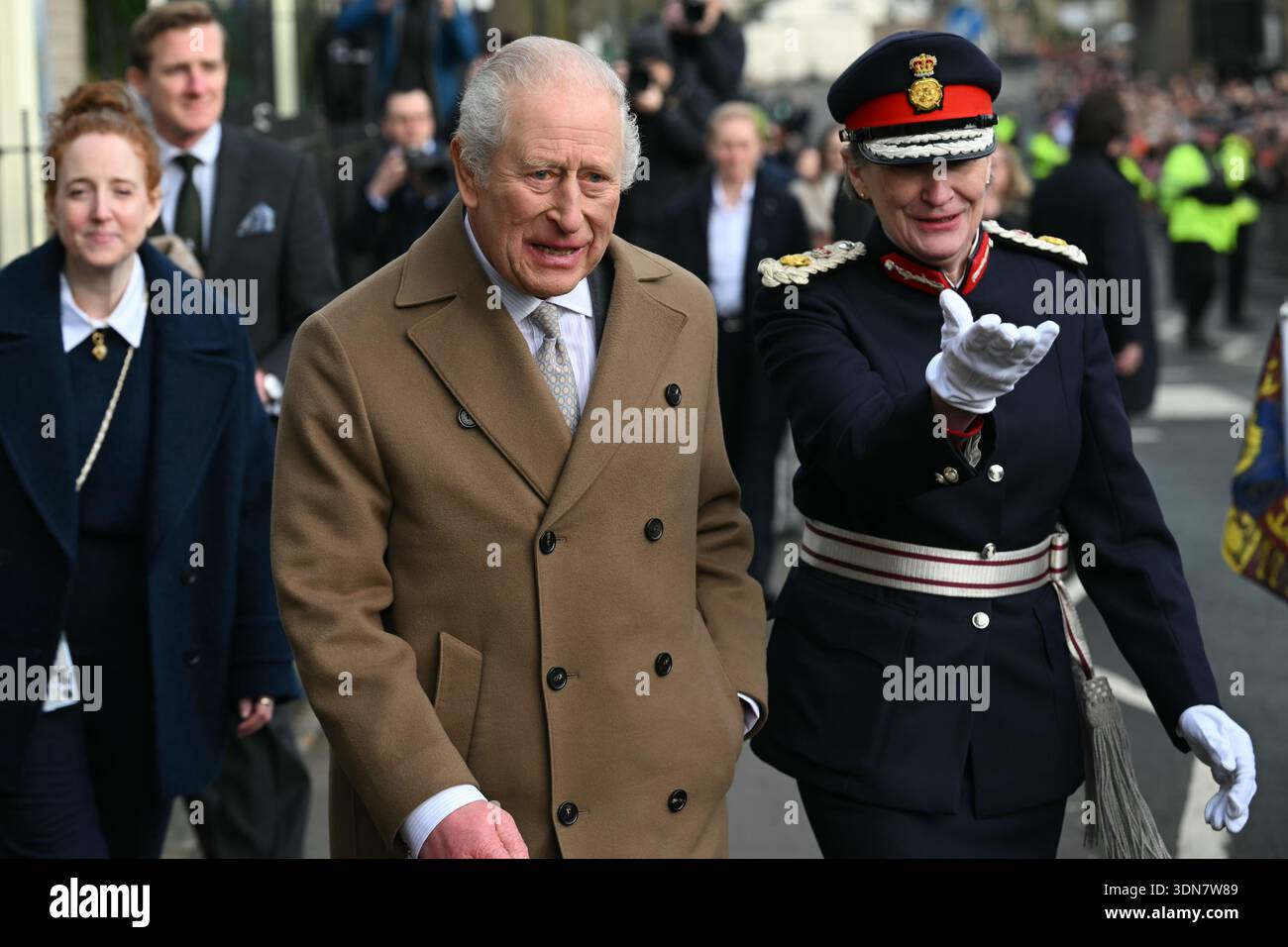 King Charles III leaves Clitheroe Station with the Lord-Lieutenant of ...