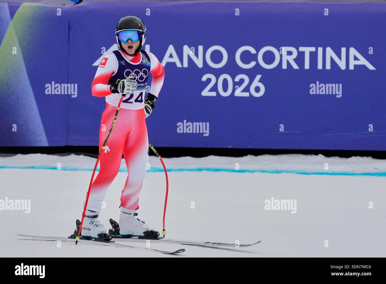Switzerland's Delia Durrer checks her time at the finish area of an ...