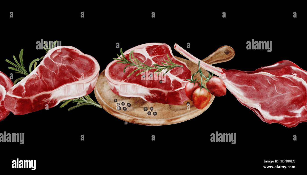 Fresh raw beef steak watercolor seamless border. Food clip art. Hand ...