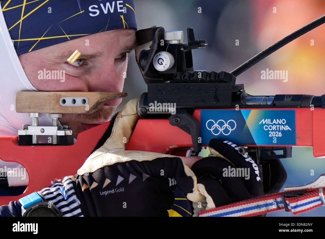 Jesper Nelin, of Sweden, shoots during a biathlon training session at ...
