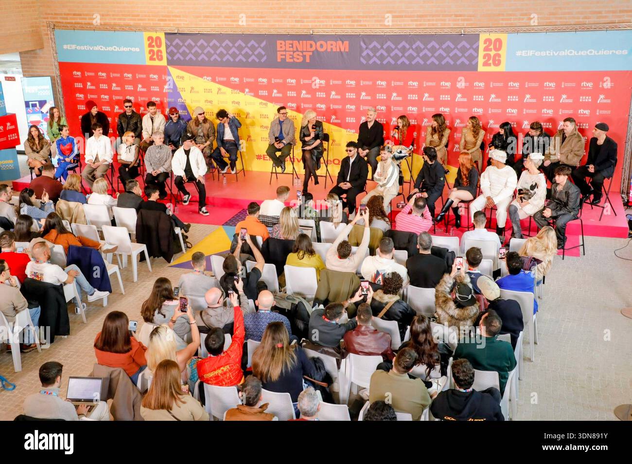 The 18 artists of Benidorm Fest 2026 during a press conference at the ...