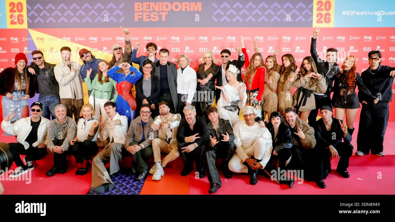 The 18 artists of Benidorm Fest 2026 pose after a press conference, at ...