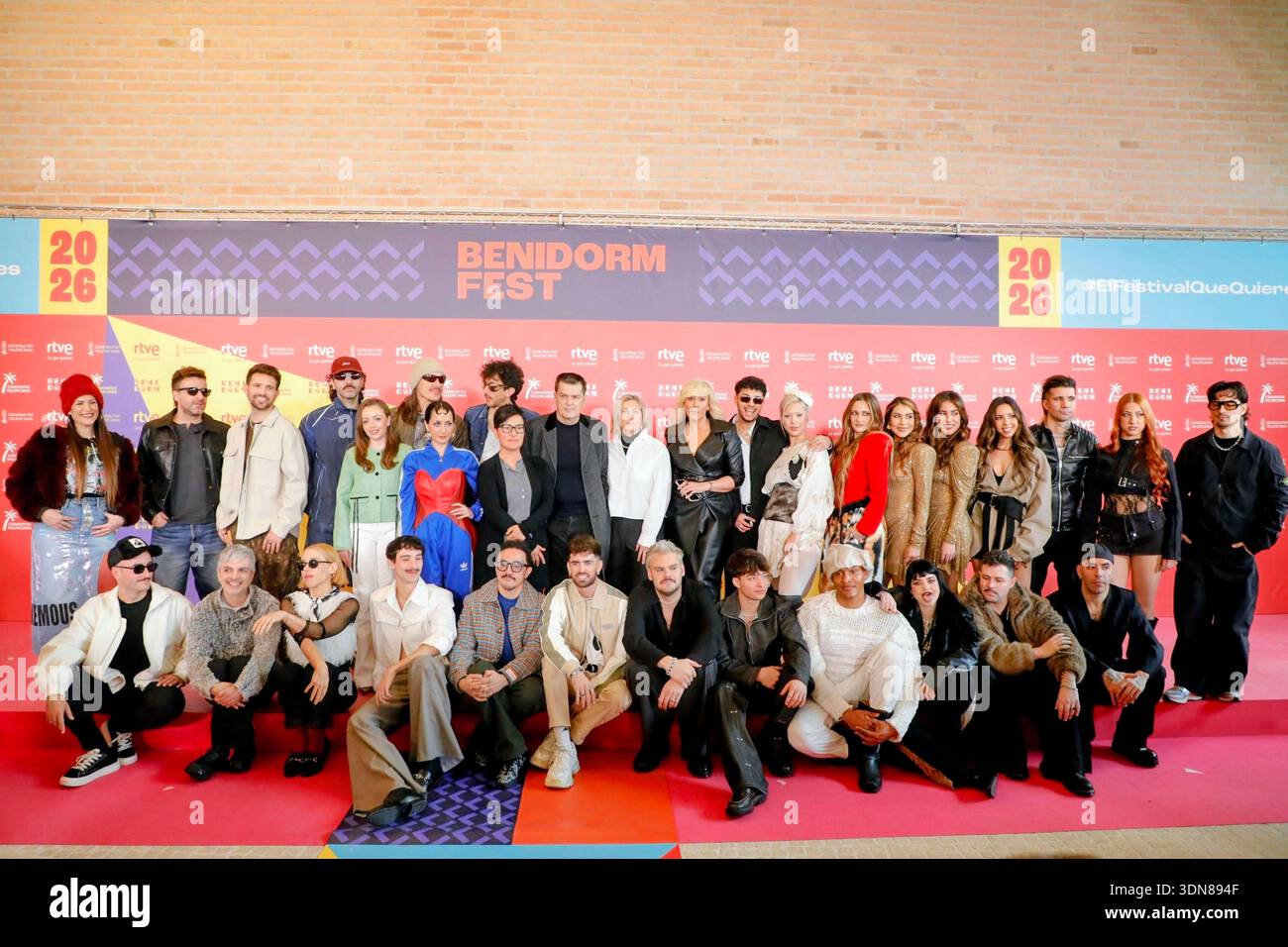 The 18 artists of Benidorm Fest 2026 pose after a press conference, at ...