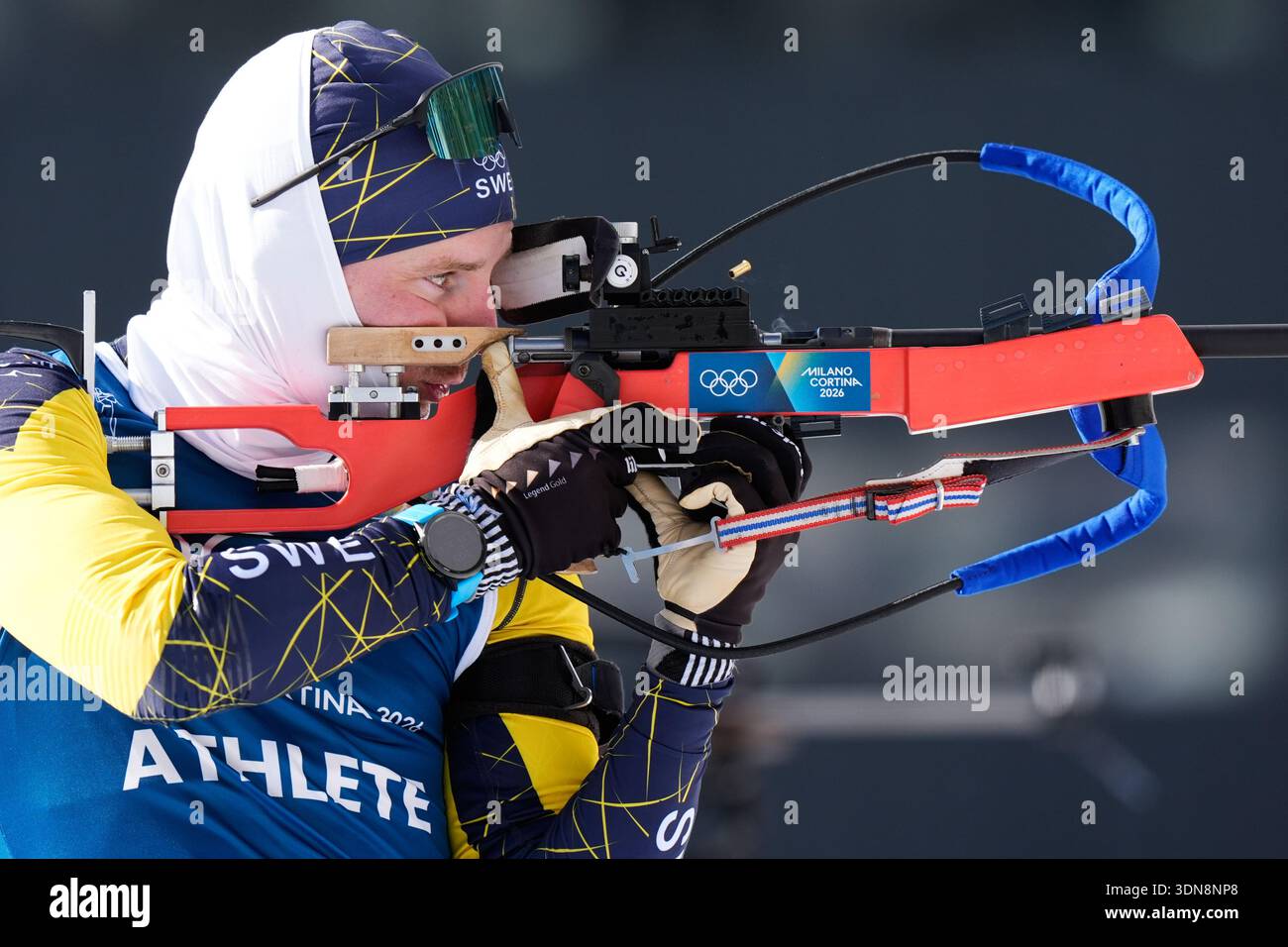 Jesper Nelin, of Sweden, shoots during a biathlon training session at ...