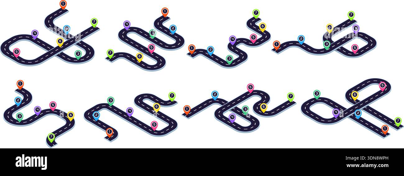 Isometric roadmap. Road route location timeline, winding curve journey ...