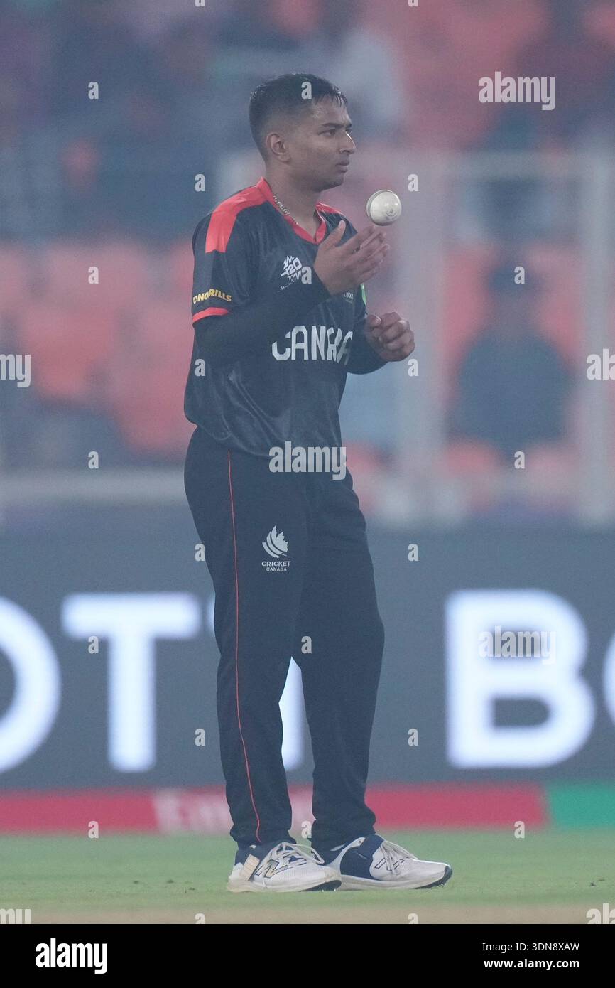 Canada's Ansh Patel prepares to bowl during the T20 World Cup cricket ...