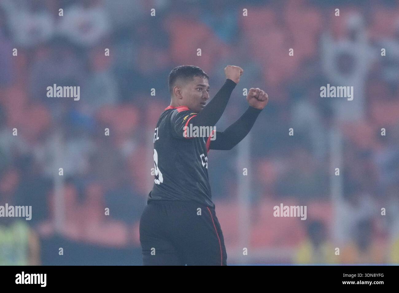 Canada's Ansh Patel celebrates the wicket of South Africa's Dewald ...