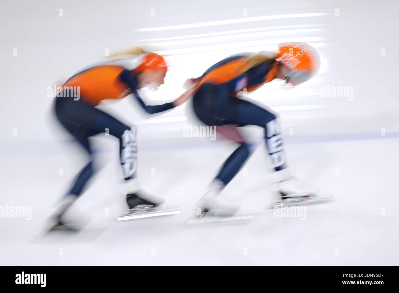 Speed skaters from the Netherlands practice at the 2026 Winter Olympics ...