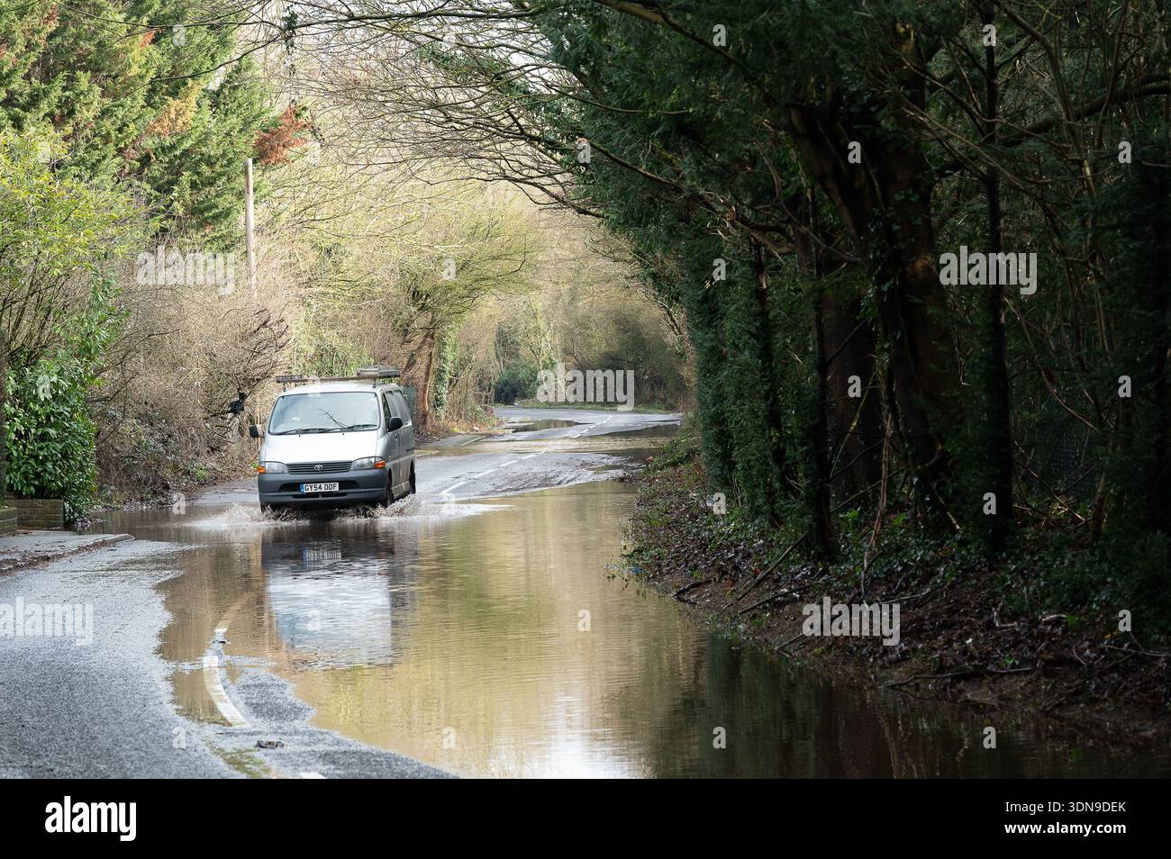 Thorpe, Surrey, UK. 9th February, 2026. Flooding on a country road in ...