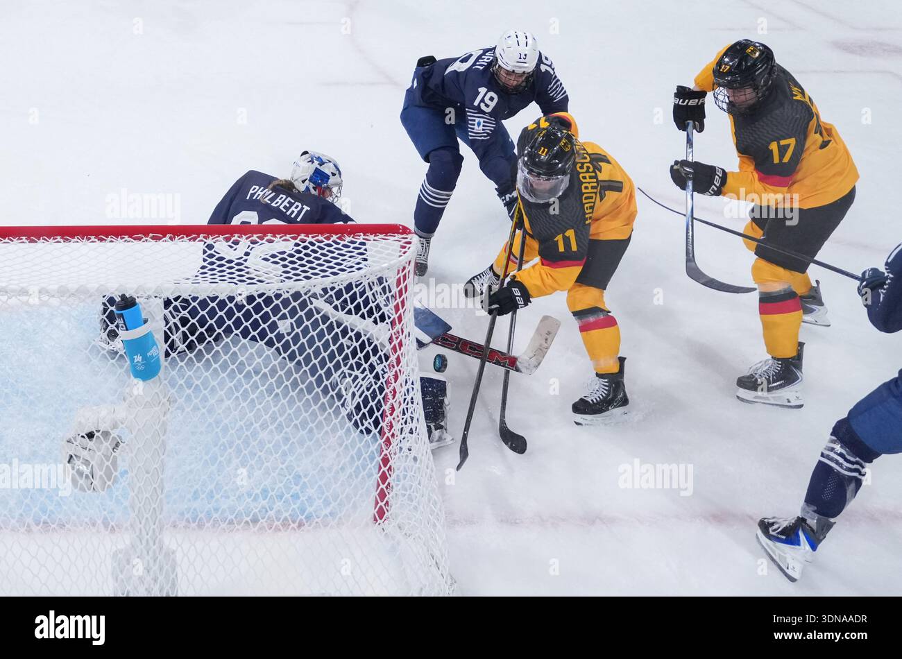 France's goalkeeper Alice Philbert protects the goal, during a ...