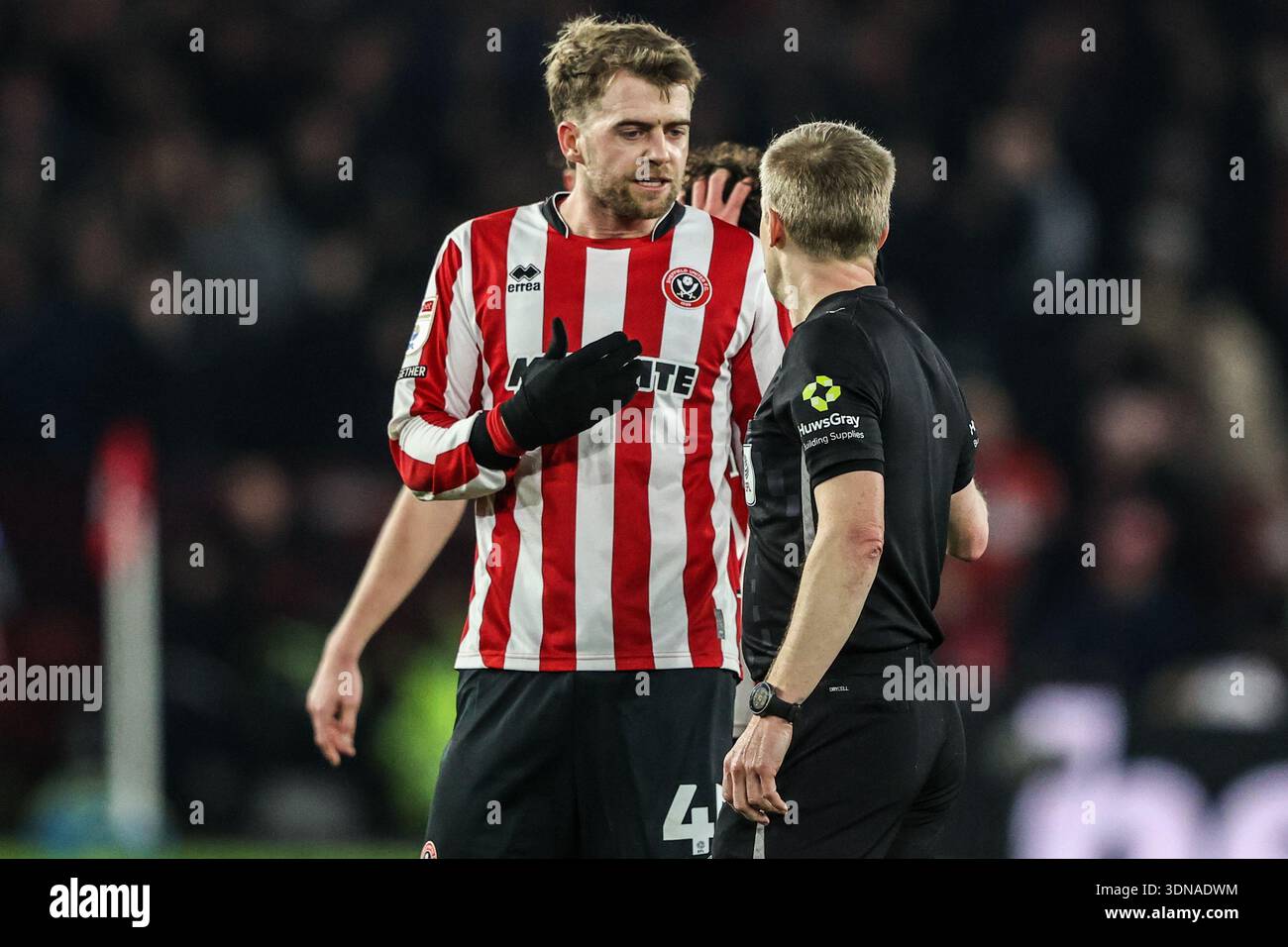 Patrick Bamford of Sheffield United appeals to referee Gavin Ward ...