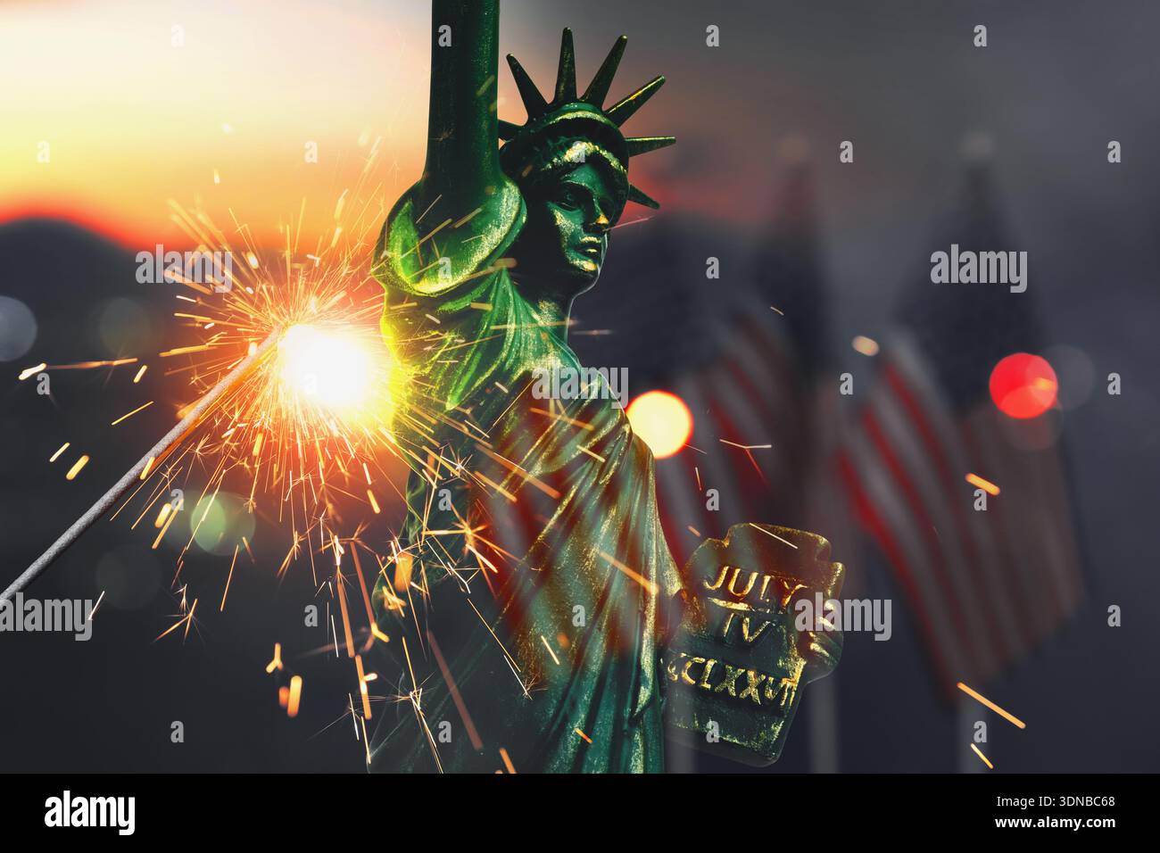 Statue of Liberty, sparklers and flags of USA. Celebrating national ...