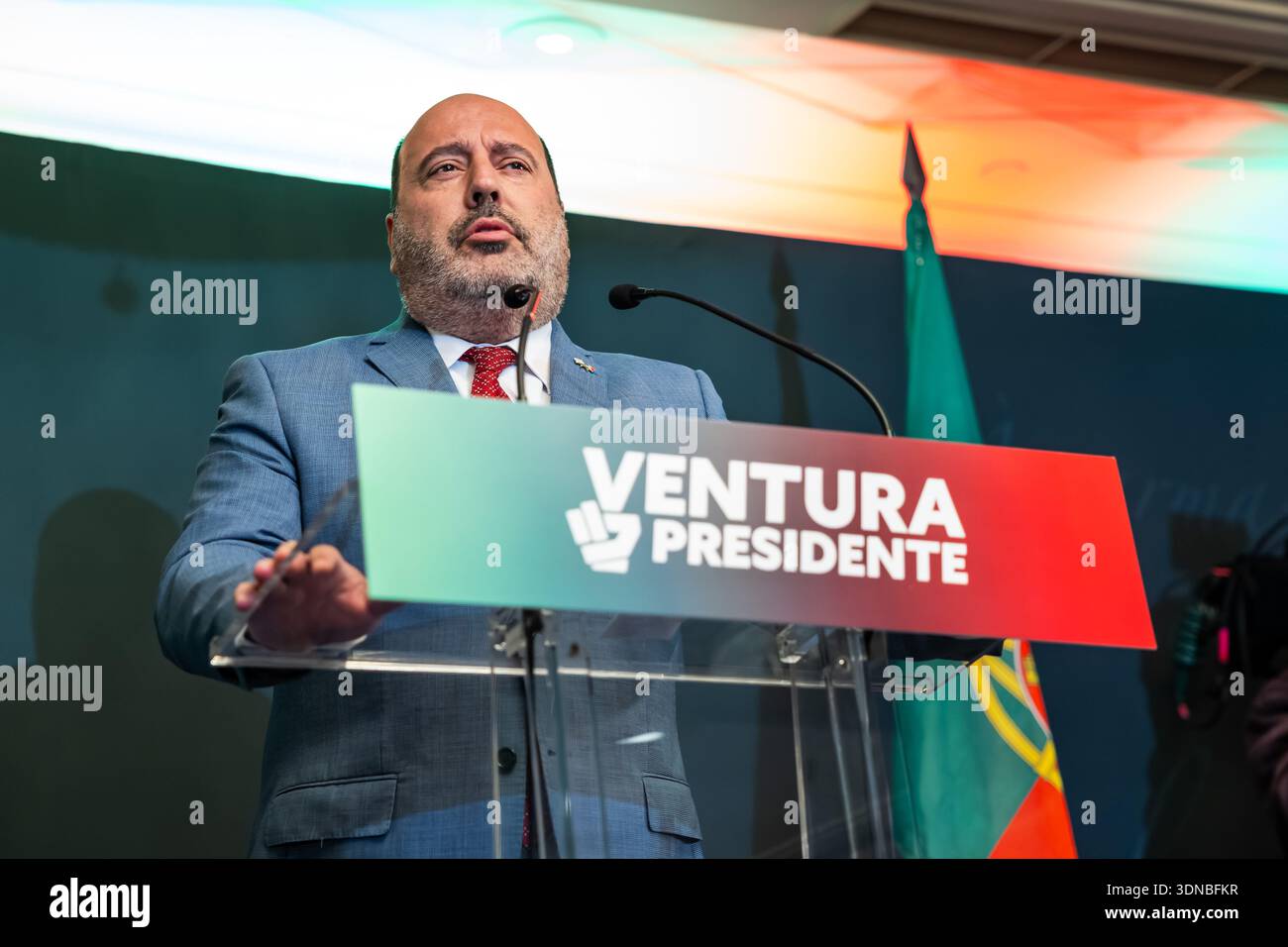 Pedro Pinto, politician of the Chega party, speaks during a press ...