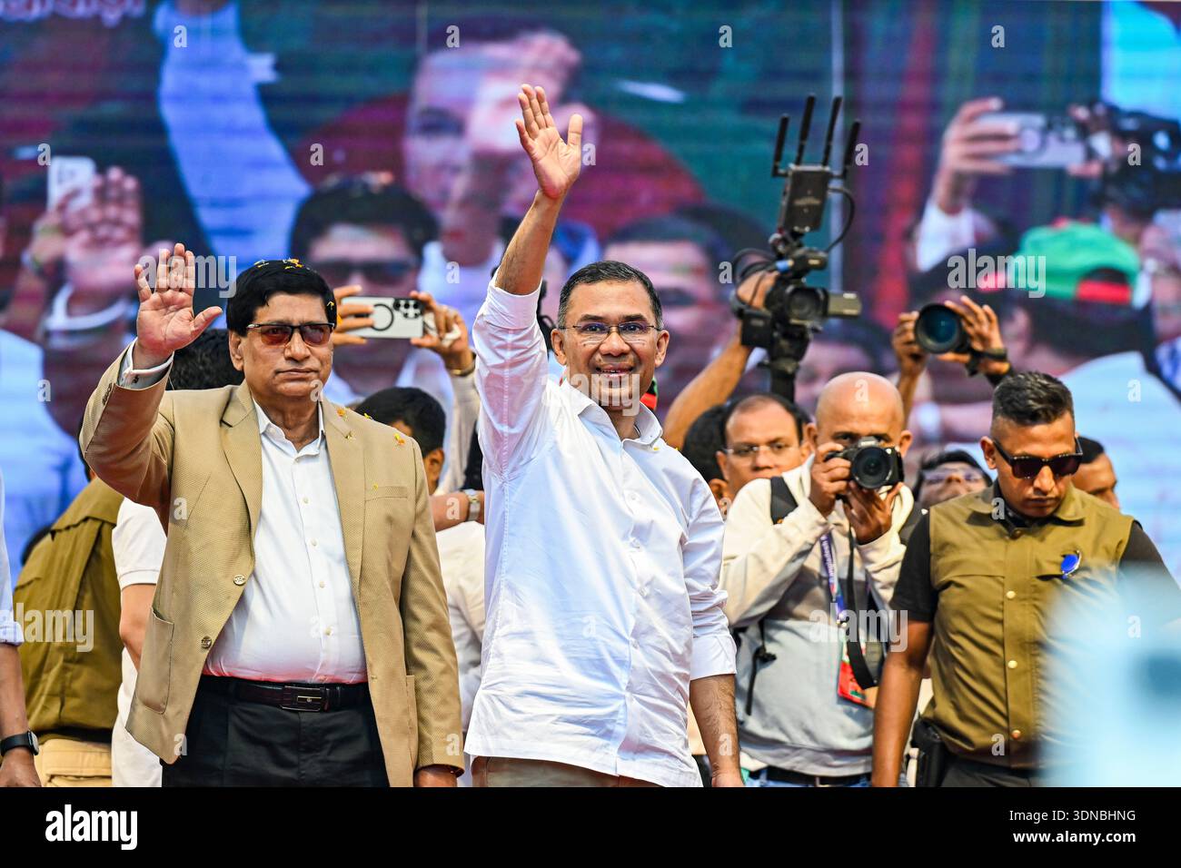 Bangladesh Nationalist Party (BNP) Chairperson Tarique Rahman waves to ...