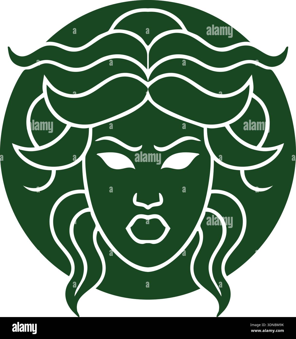 Stylized green medusa head with snake like hair and a bold face ...