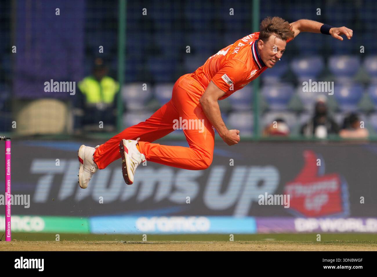 Netherlands' Max O'Dowd bowls a delivery during the T20 World Cup ...