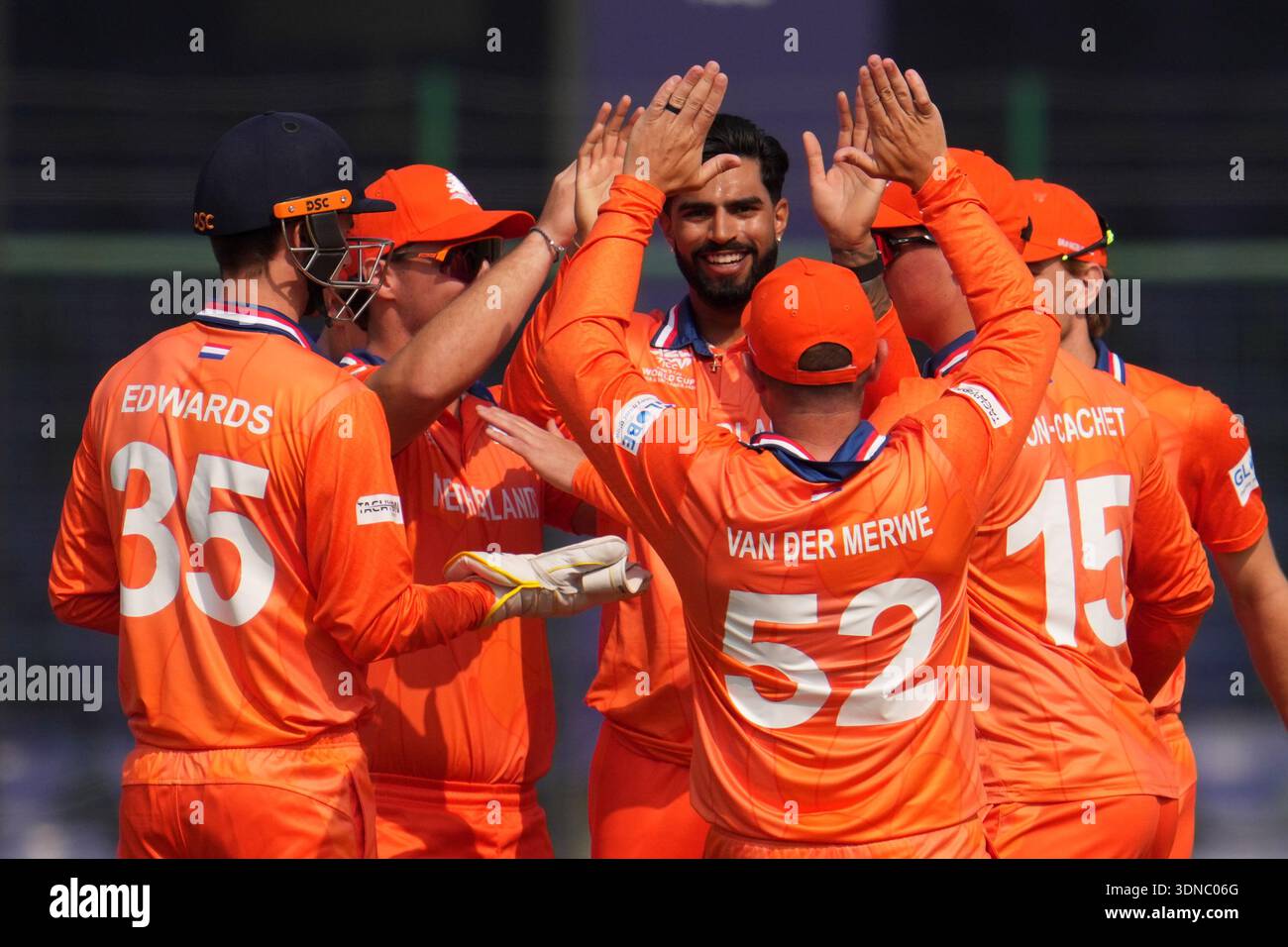 Netherlands cricketers celebrates the dismissal of Louren Steenkamp ...