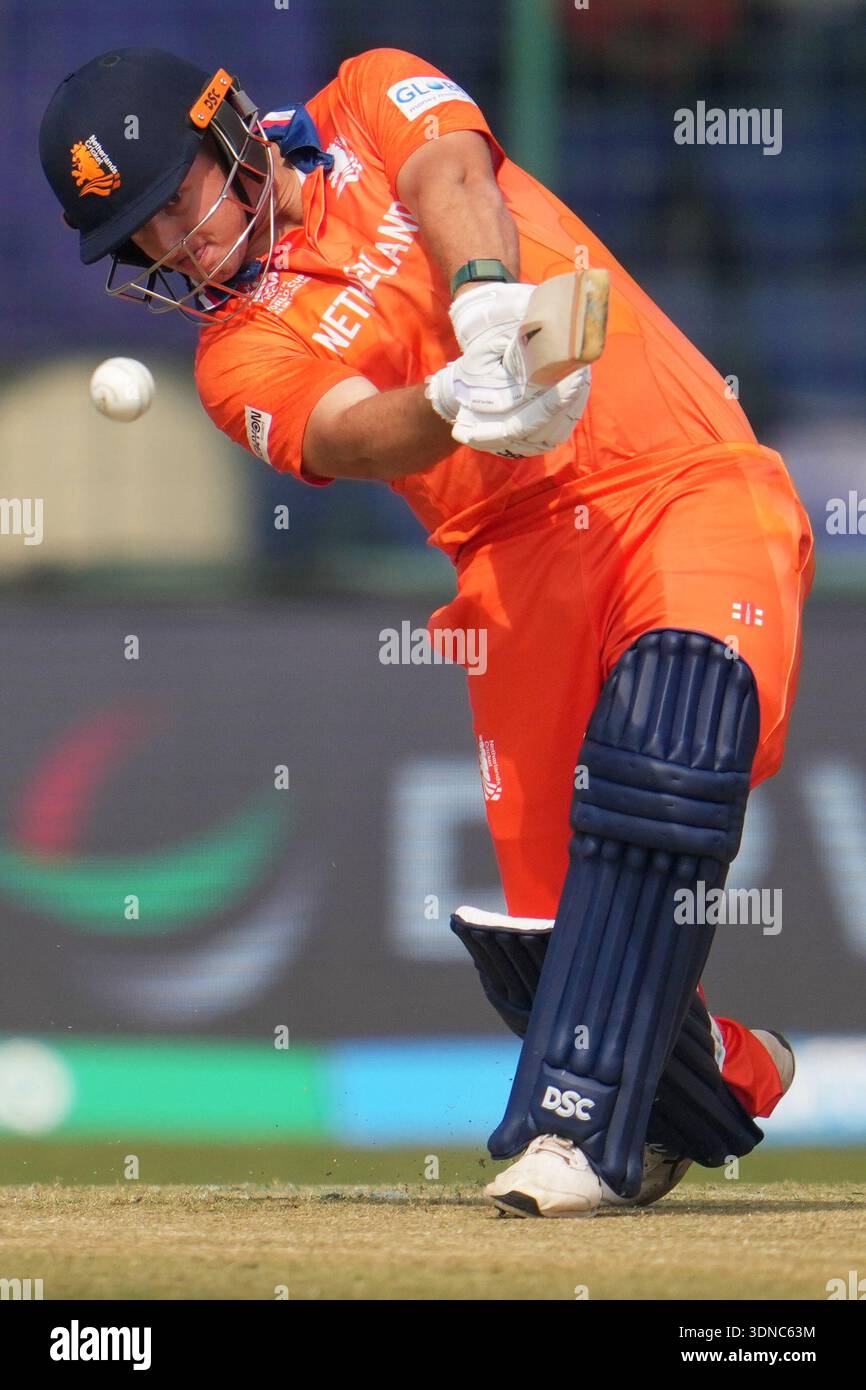 Netherlands' Michael Levitt hits a ball for four runs during the T20 ...