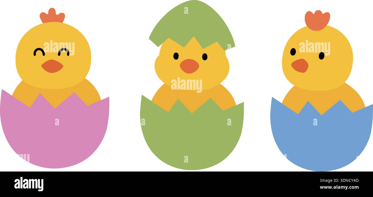 Easter chick clipart set sitting inside an eggshell flat vector. Baby ...