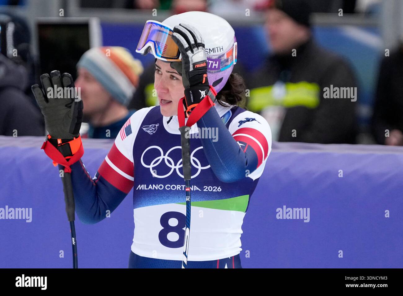 United States' Jacqueline Wiles waves at the finish area of an alpine ...
