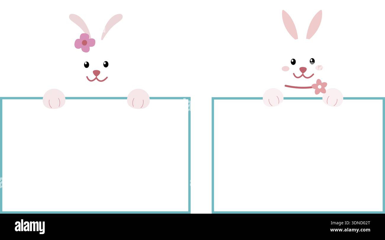 Cute Easter Bunny Holding Blank Sign Flat Vector Illustration Set ...
