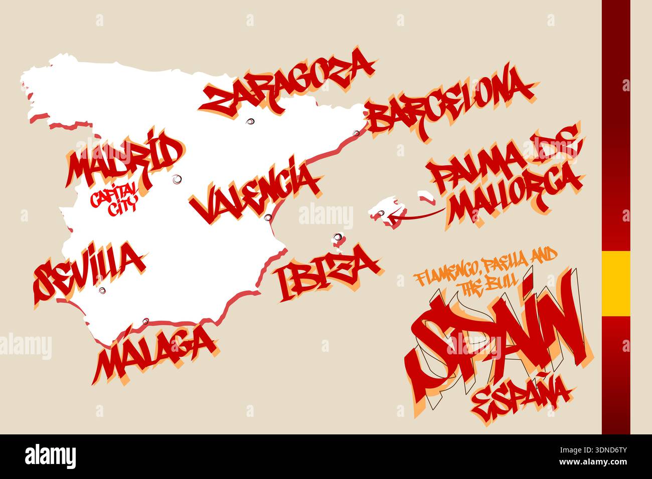 Graffiti style vectorized Spain map with handwritten cities and flag in ...