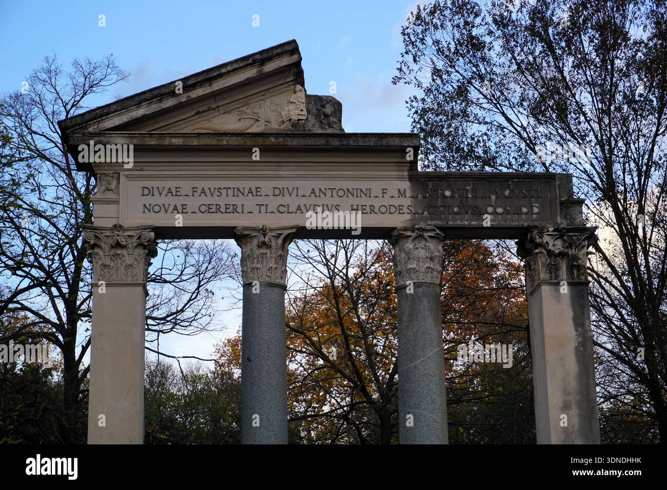 Remnants of historic columns of Antonius and Faustina temple are a ...