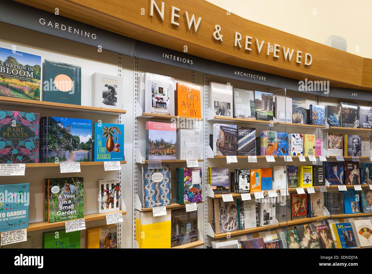 A brightly lit bookstore interior shows shelves organized by category ...