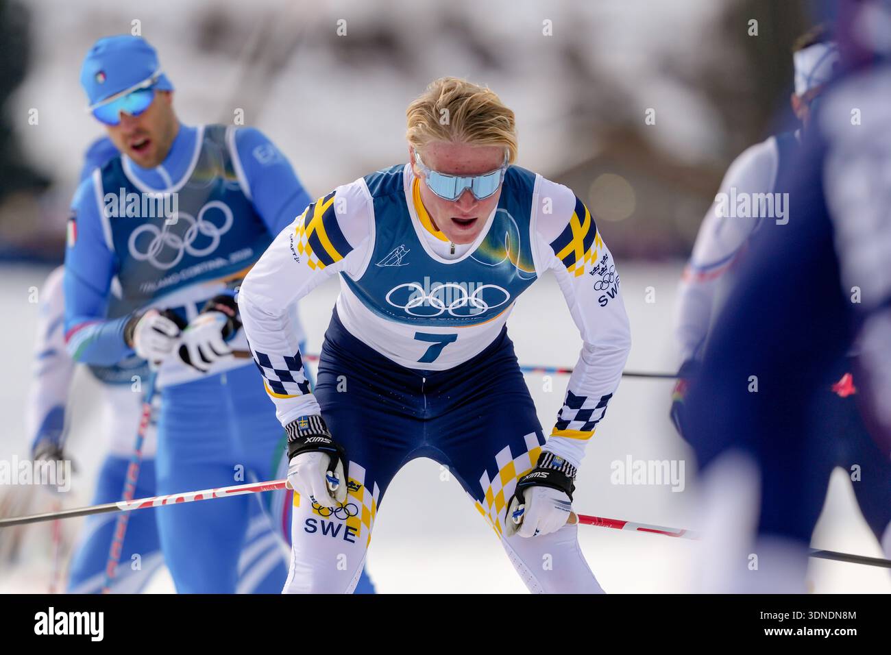Alvar Myhlback, of Sweden, reacts after crossing the finish line in a ...