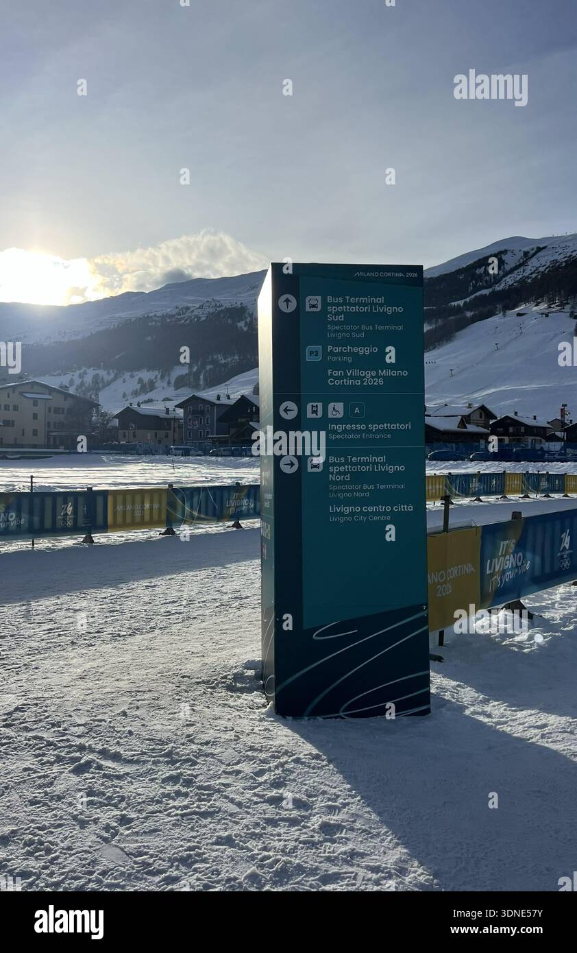 Livigno, Italy - February 8, 2026: Directional sign for spectator ...