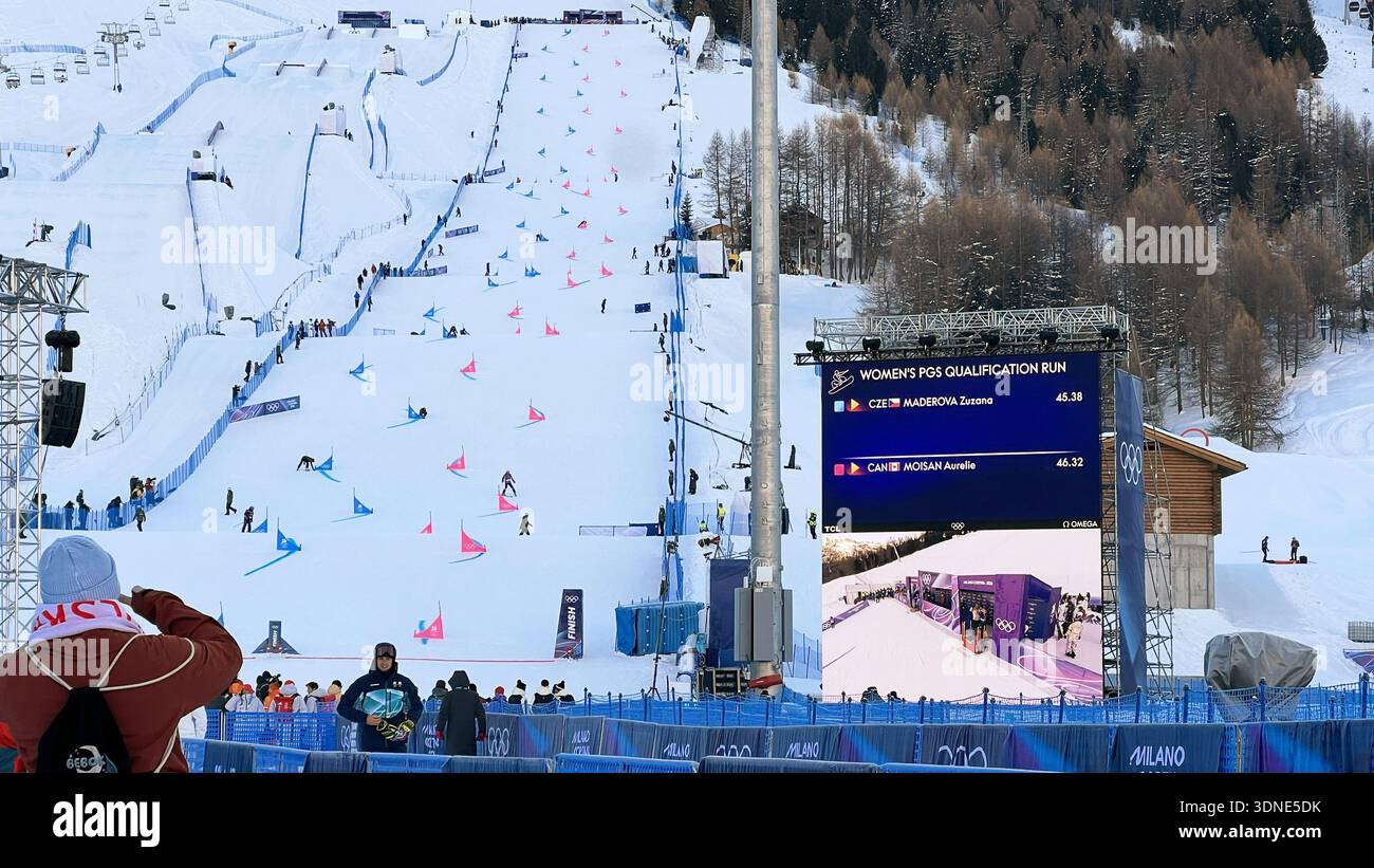 Livigno, Italy - February 8, 2026: Giant slalom snowboard course and ...