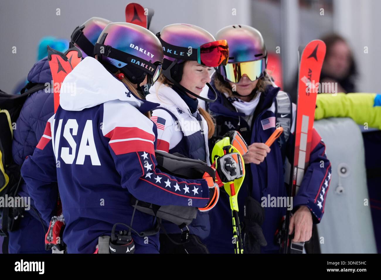 United States' Mikaela Shiffrin talks with coaches ahead of an alpine ...