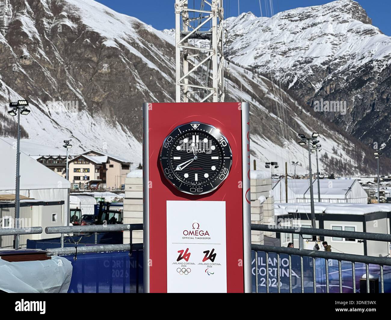 Livigno, Italy - February 8, 2026: Omega official timekeeper clock ...