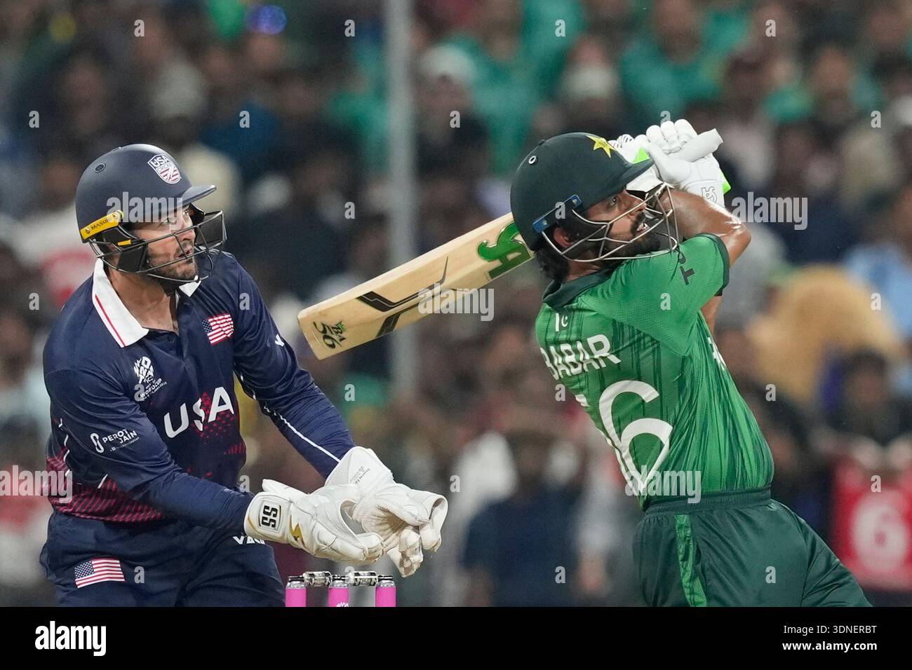 Pakistan's Babar Azam hits a six during the T20 World Cup cricket match ...