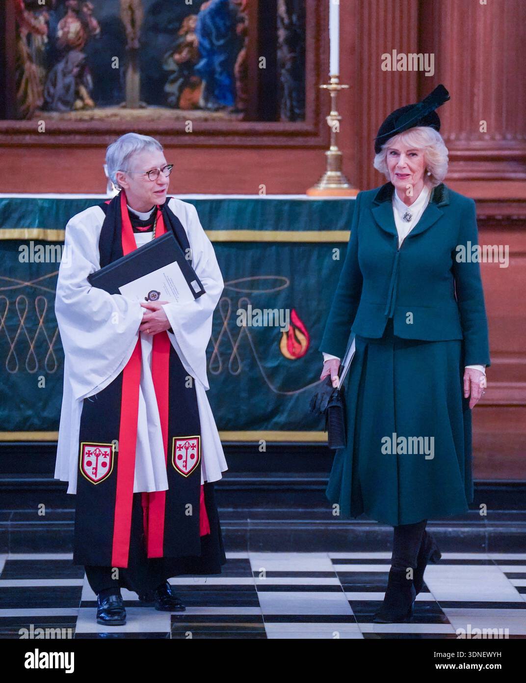 Queen Camilla (right), with the Reverend Canon Dr Alison Joyce, attends ...