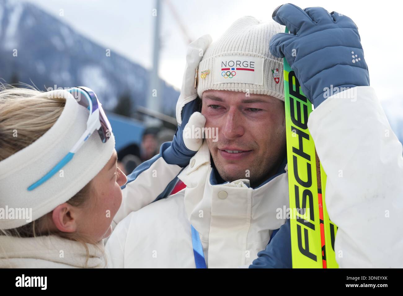 Sturla Holm Laegreid, of Norway, reacts after he won bronze in the men ...