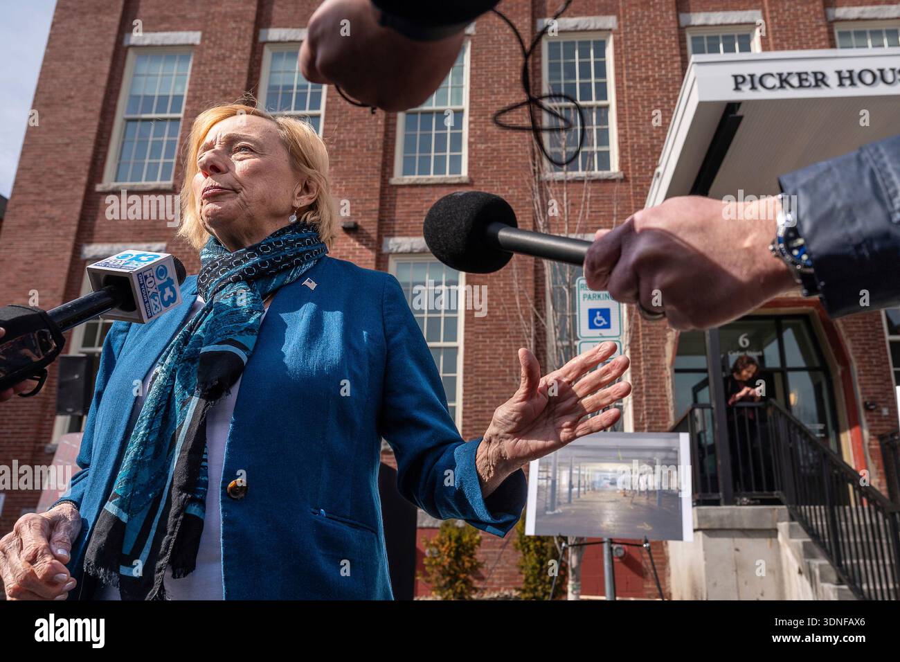 FILE - Maine Gov. Janet Mills speaks to the press after a dedication of ...