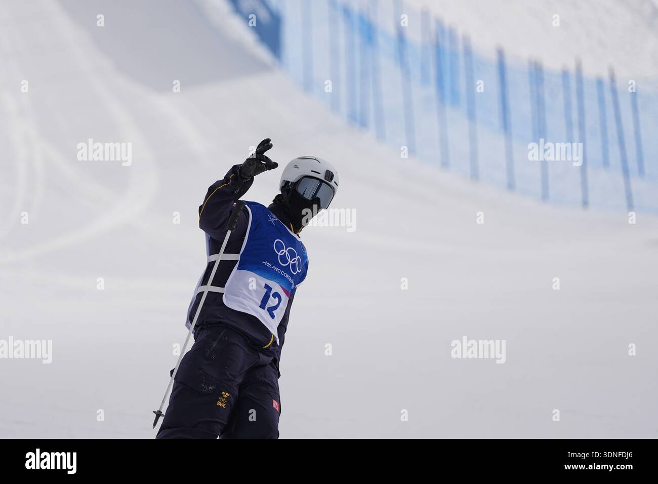 Sweden's Jesper Tjader reacts during the men's freestyle skiing ...