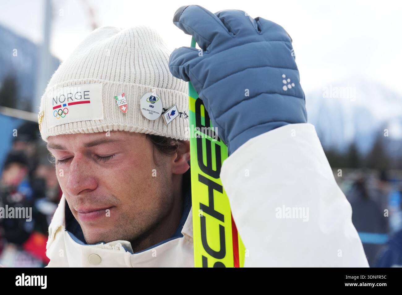 Sturla Holm Laegreid, of Norway, reacts after he won bronze in the men ...